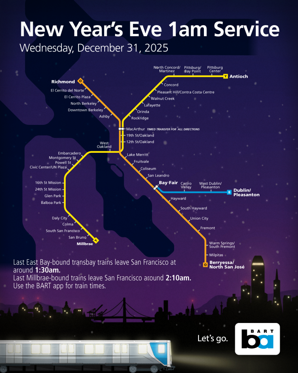 Holiday schedule: BART will run extended late-night service on NYE, Sunday service (8am-midnight ...